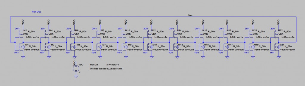 Ring Oscillator with odd number of CMOS Inverters - YouSpice